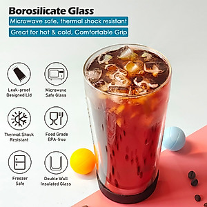 18 oz Double Wall Glass Coffee Tumbler with Leak-proof Lid, Borosilicate Glass Travel Mug, To Go Clear Reusable Tea Cup, BPA-free, Microwave Safe (Green)