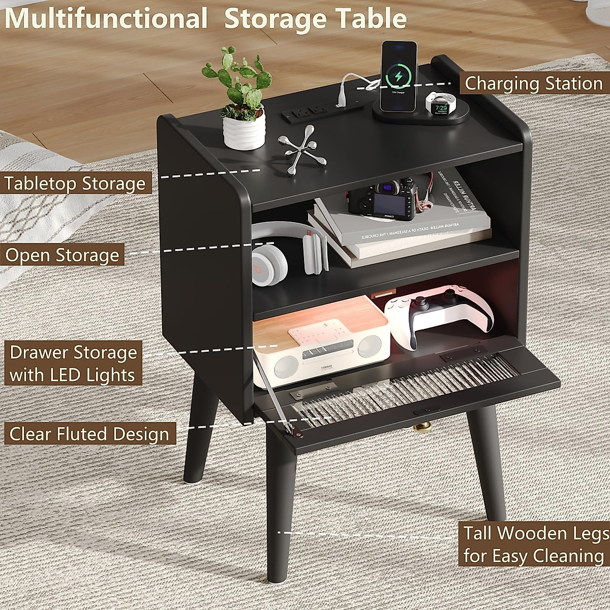 Irontar Nightstand with Charging Station, LED Bedside Table with Hinged Door & Open Storage Space, Modern End Table with Wooden Legs, Night Stand for Bedroom, Living Room, Black BZZ009BE