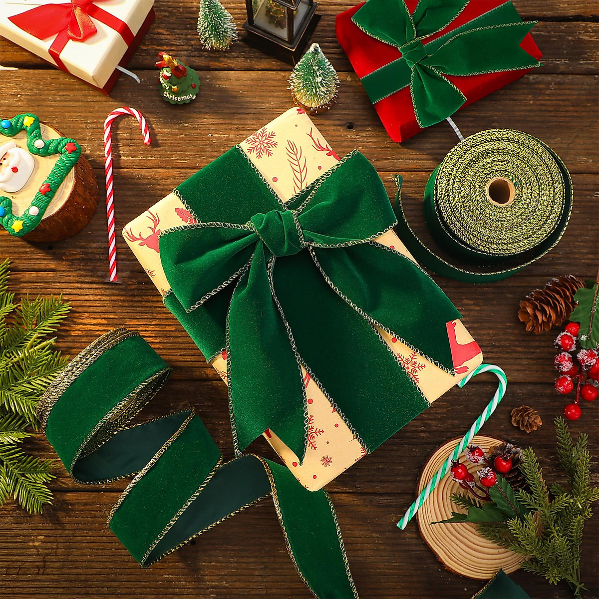 Riceshoot 3 Rolls 60 Yards Christmas Wired Velvet Ribbon with Gold Edge 1.5/2/2.5 Inch Xmas Green Velvet Ribbon Holiday Green Ribbon for Gift Wrapping Xmas Wreath Bow Christmas Crafts