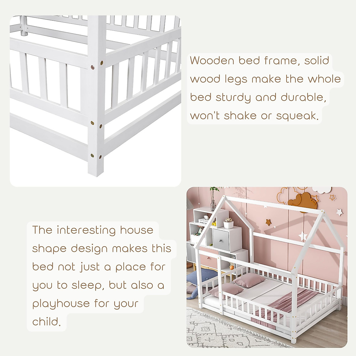 Full Size House Floor Bed Wooden Montessori Bed with Fence and Roof for Kids Playhouse Style Bed Frame for Girls Boys Teens, White