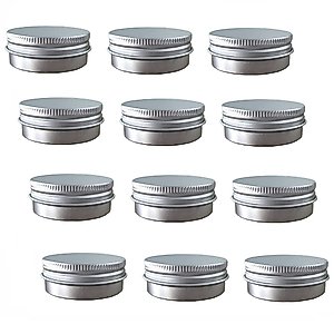 Aluminum Tin Jars, Cosmetic Sample Metal Tins Empty Container Bulk, Round Pot Screw Cap Lid, Small Ounce for Candle, Lip Balm, Salve, Make Up, Eye Shadow, Powder (12 Pack, 2 Oz/60ml)