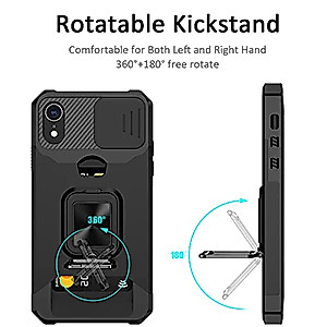 Nvollnoe for iPhone XR Case with Sliding Camera Cover and Card Holder Heavy Duty Protective iPhone XR Case with Ring Magnetic Kickstand Phone Case for iPhone XR 6.1''(Black)