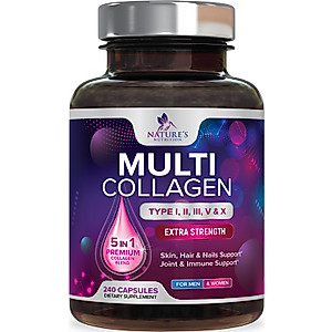 Collagen for Women & Men, Type I, II, III, V, X Collagen Pills Complex, Grass Fed Non-GMO, Nature's Hydrolyzed Multi Collagen Peptides Supplement, Hair, Skin, Nail, Joint Health Support - 240 Capsules