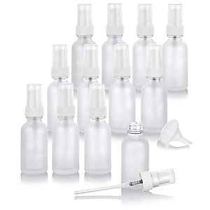 JUVITUS 1 oz / 30 ml Frosted Clear Glass Boston Round Bottle with White Treatment Pump (12 pack) + Funnel