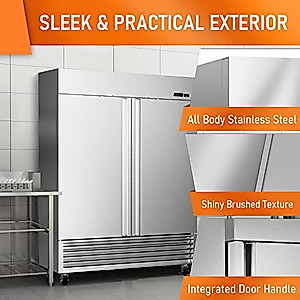 HOCCOT Commercial Refrigerator 54” Two Solid Door Reach-In Cooler, Stainless Steel 2 Sections Air-cooled Refrigerator with Adjustable +33°F~+41°F Temp Range in LCD Display, 49 Cu.Ft for Restaurant