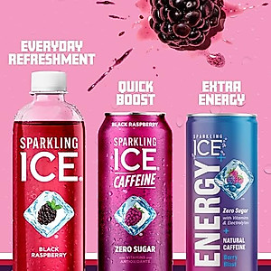 Sparkling Ice Caffeine Black Raspberry Sparkling Water with Caffeine, Zero Sugar, with Antioxidants and Vitamins,16 fl oz Cans (Pack Of 12)