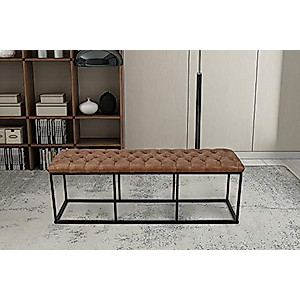 HomePop Faux Leather Button Tufted Decorative Bench with Metal Base, Brown