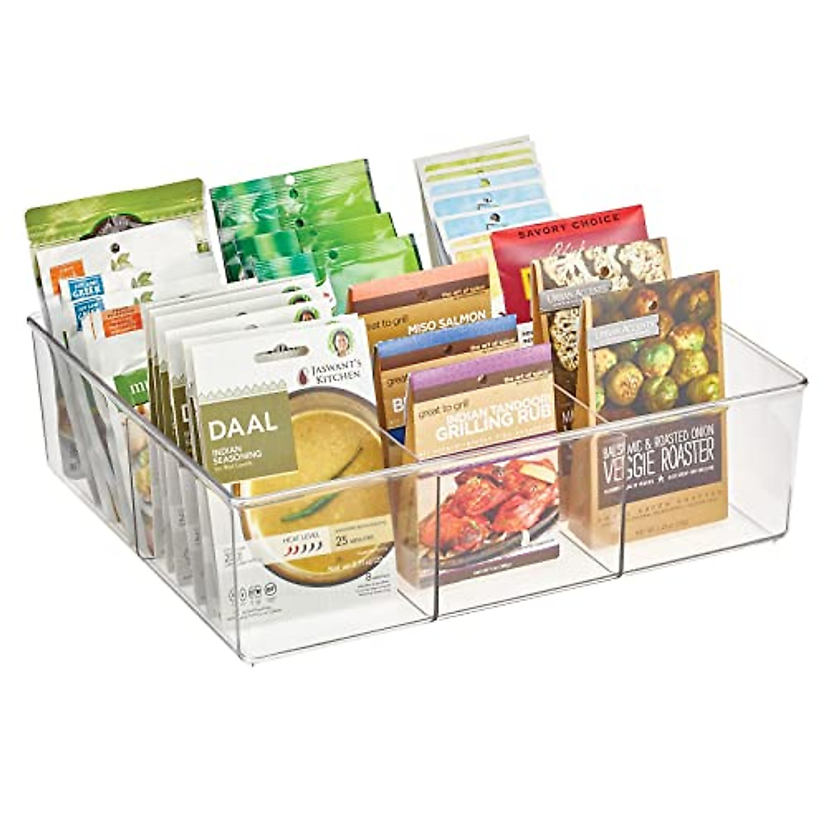 mDesign Plastic 6 Compartment Kitchen Drawer Divided Organizer Bin for Teas, Packets, Spices, Snacks, Food Packets, Applesauce - Pantry Shelf Storage Organization, Lumiere Collection, Clear