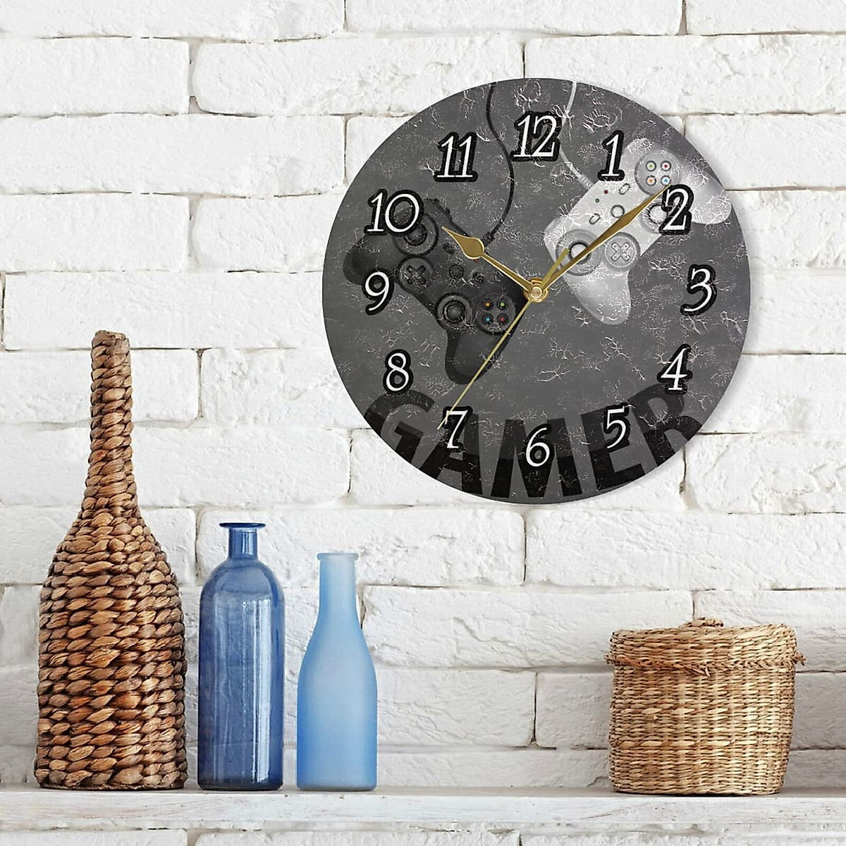 Two Realistic Game Joystick White and Black with a Text Gamer Wall Clock, Silent Non-Ticking Easy to Read Round Decorative Wall Clock with Gold Hands for Home Office School 9.5" in Diameter
