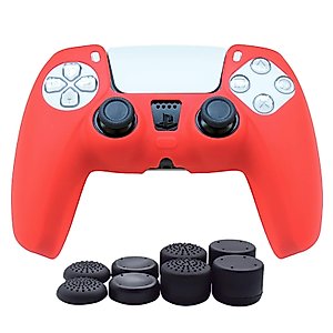PS5 Controller Skin,Hikfly Silicone Cover for PS5 Grips Playstation 5 Controller Cover Protector Sleeve Kits Video Games with FPS Pro Thumb Grips Caps(Red)