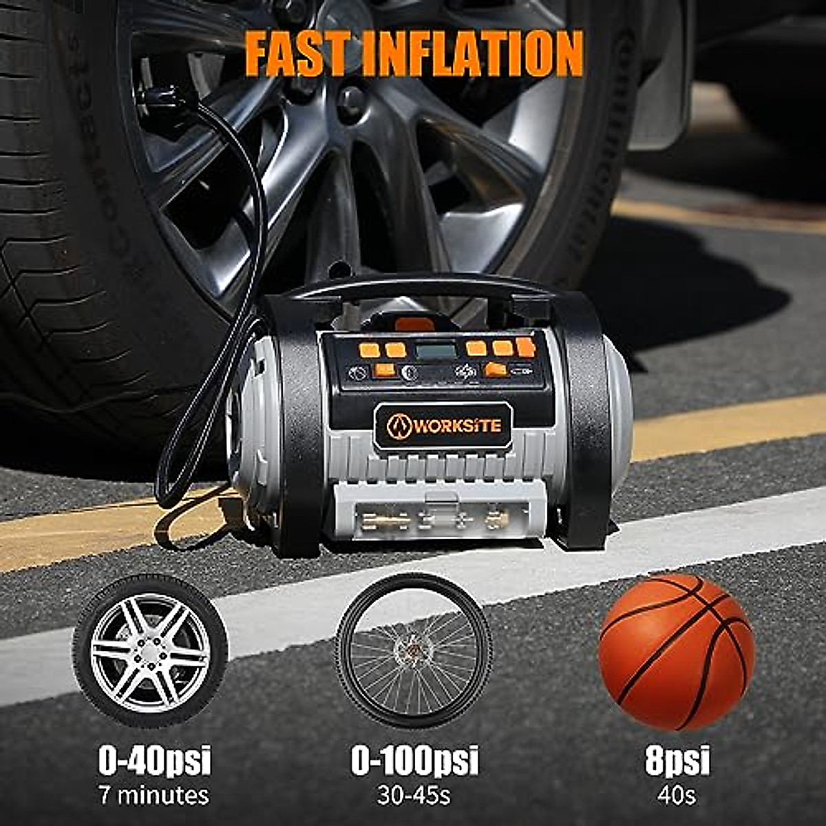 WORKSITE Air Compressor Tire Inflators, 20V Cordless Car Tire Pump with Inflation & Deflation Modes, Dual Powerful Motors, Digital Pressure Gauge, Battery & 12V Car Charger