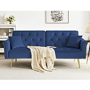 hansones Velvet Futon Sofa Bed,Convertible Sofa Bed with Adjustable Backrest Angles,Sturdy Sleeper Sofa for Living Room and Bedroom (Blue) (2204)