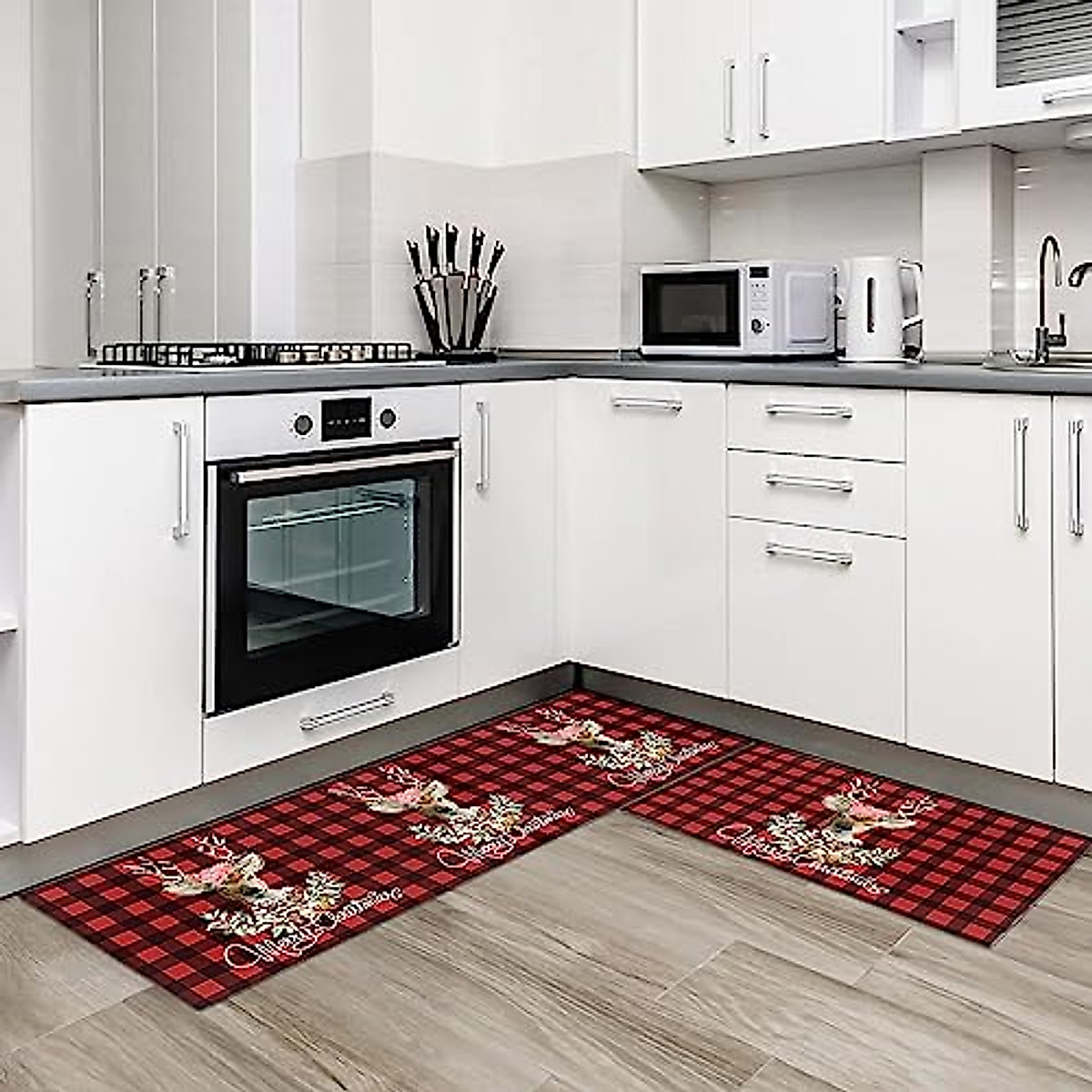 Miaklek Merry Christmas Kitchen Mats for Floor Anti Fatigue Mats for Kitchen Floor Kitchen Rugs Cushioned Mats Non Slip Comfort Standing Kitchen Rugs Set of 2, Xmas Elk Holiday Red Black Check