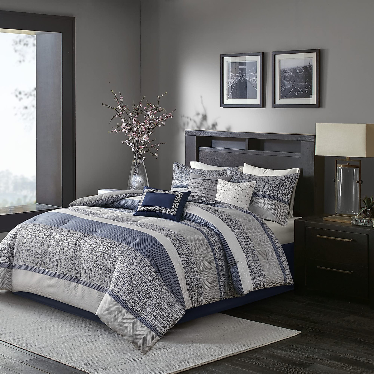 Madison Park Luxury Comforter Set-Traditional Jacquard Design All Season Down Alternative Bedding, Matching Bedskirt, Decorative Pillows, Queen(90"x90"), Rhapsody, Geometric Navy 7 Piece