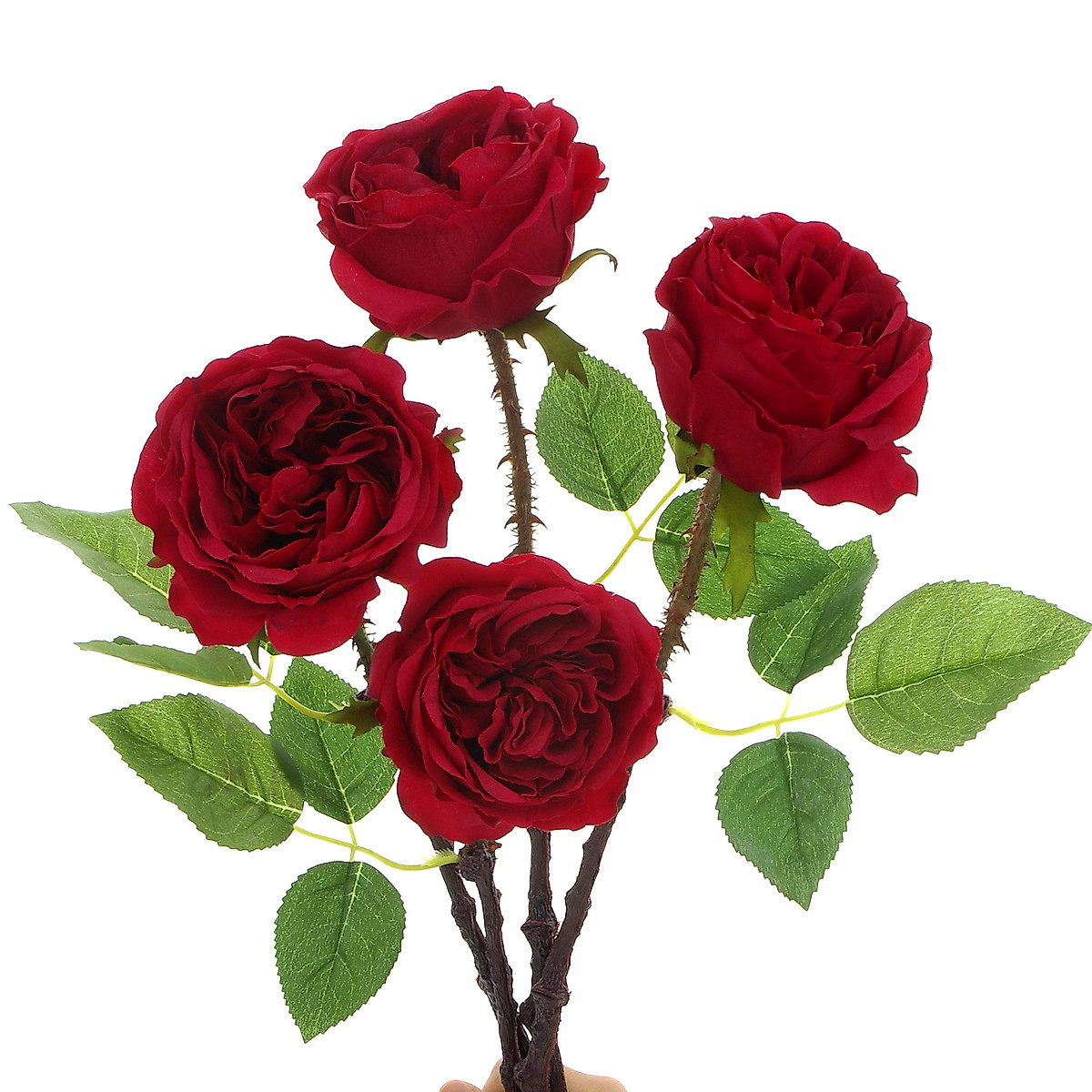 Final Sale-Extra-Realistic & Large Artificial Silk Garden Rose Flowers | Faux Peony Stems | Set of 4 | Red