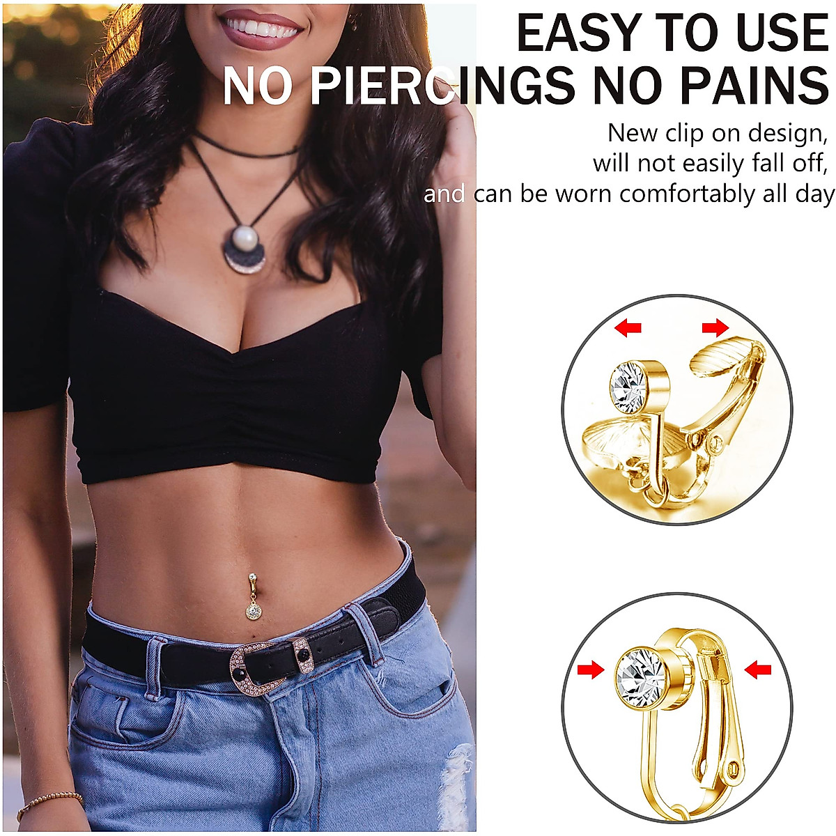 FIBO STEEL 8Pcs Fake Belly Rings Clip on Belly Button Rings Surgical Steel Opal CZ Non Piercing Dangle Navel Rings Fake Belly Piercing Jewelry gold