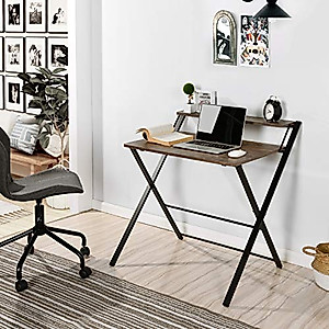 FurnitureR 31.9'' Folding 2 Tier Foldable Assembly Saves Space for Home Office Study, Metal Frames/Wood Top Laptop Table, Brown Computer Desk