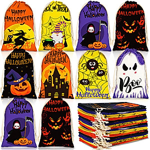 24 Pieces Halloween Drawstring Gift Bags 4 x 6 Inches Goodie Bags Halloween Party Favors Bags Halloween Canvas Bags for Kids Party Supplies, 8 Styles