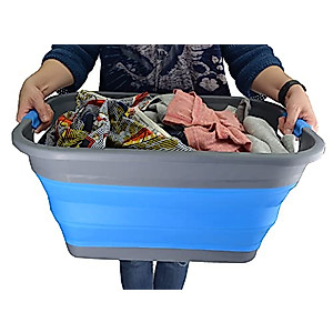SAMMART 36L (9.5 gallon) Collapsible Plastic Laundry Basket-Foldable Pop Up Storage Container/Organizer-Portable Washing Tub-Space Saving Hamper, Water capacity: 28L(7.4 gallon) (1, Grey/Blue)