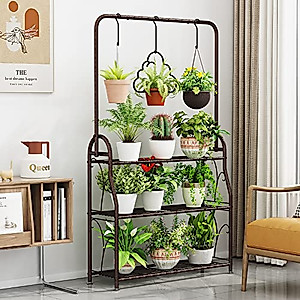 SORCEDAS Plant Stand 3 Tier Indoor Outdoor Tall Corner Hanging Plant Shelf Metal Flower Stands Ladder Plant Holder for Room Balcony Garden Patio Multiple Plants, Bronze