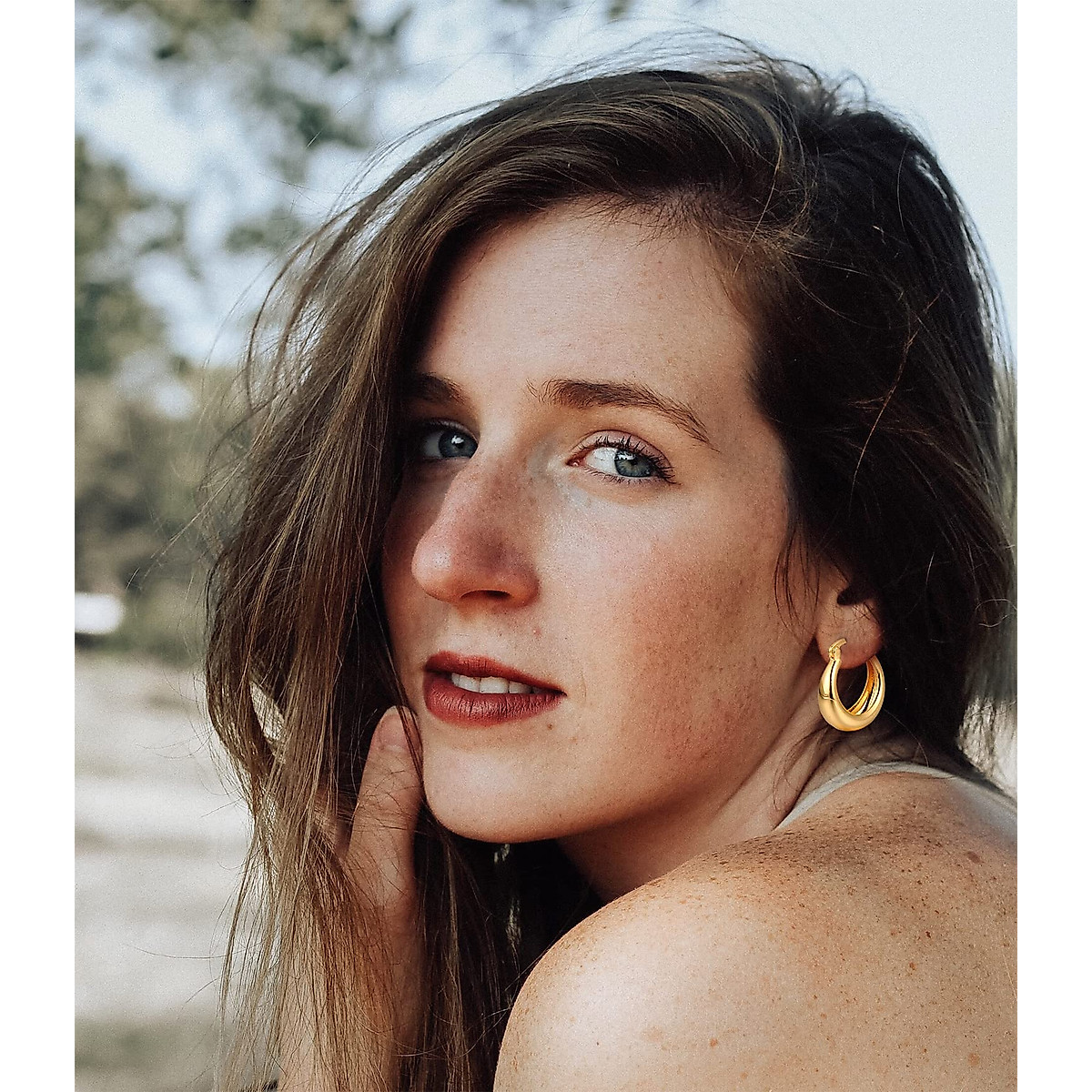 TOBENY Chunky Gold Hoop Earrings for Women 14K Gold Plated Thick Hoop Earrings Chunky Hoops Set Hypoallergenic Cubic Zirconia Small Hoop Earrings Minimalist Jewelry Gift, Copper, Cubic Zirconia