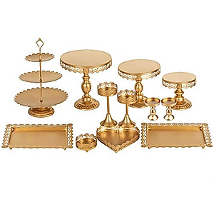 Set of 12 Pieces Gold Metal Cake Stand Set and Pastry Trays Metal Cupcake Stands Set Holder Fruits Dessert Display Plate for Baby Shower Wedding Birthday Party Celebration