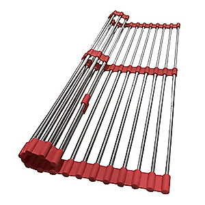 Total Rack, Expands 10" to 21", 10-Inch-Wide Multipurpose Over-Sink Dish-Drying Rack, Oven-Safe, Cooling, Crisping, Roasting, Trivet, and Serving, Nonslip Silicone and Stainless-Steel Rack, Red