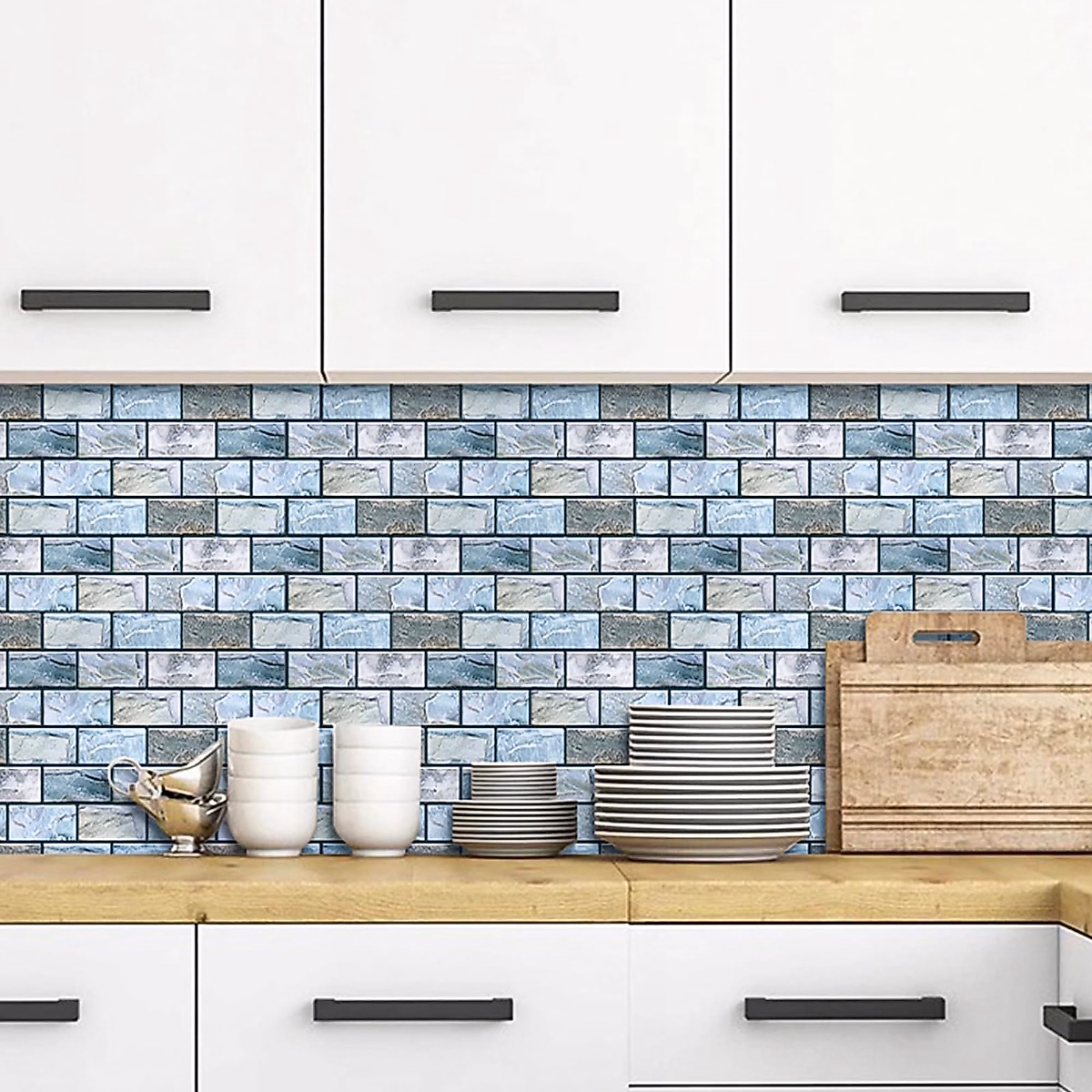 VANCORE Peel and Stick Backsplash for Kitchen: Self Adhesive Wall Tiles for Bathroom - 3D Subway Back Splash - 10 Sheets Vinyl Blue Waterproof Wallpaper with Real Marble Texture for Shower