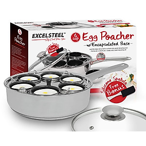 EXCELSTEEL Non Stick Easy Use Rust Resistant Home Kitchen Breakfast Brunch Induction Cooktop Egg Poacher, 6 Cup, Stainless Steel, Round