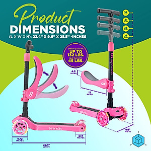 SereneLife 3 Wheeled Scooter for Kids - 2-in-1 Sit/Stand Child Toddlers Toy Kick Scooters w/ Flip-Out Seat, Adjustable Height, Wide Deck, Flashing Wheel Lights, Great for Outdoor Fun -SLKS26 (Pink)