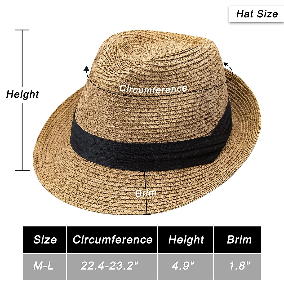 Womens-Sun-Hat Summer-Straw-Fedora Hat Foldable-Panama Beach-Sun Hat Short Brim Trilby-Hat - M-L Adjustable String Bulit-in Khaki