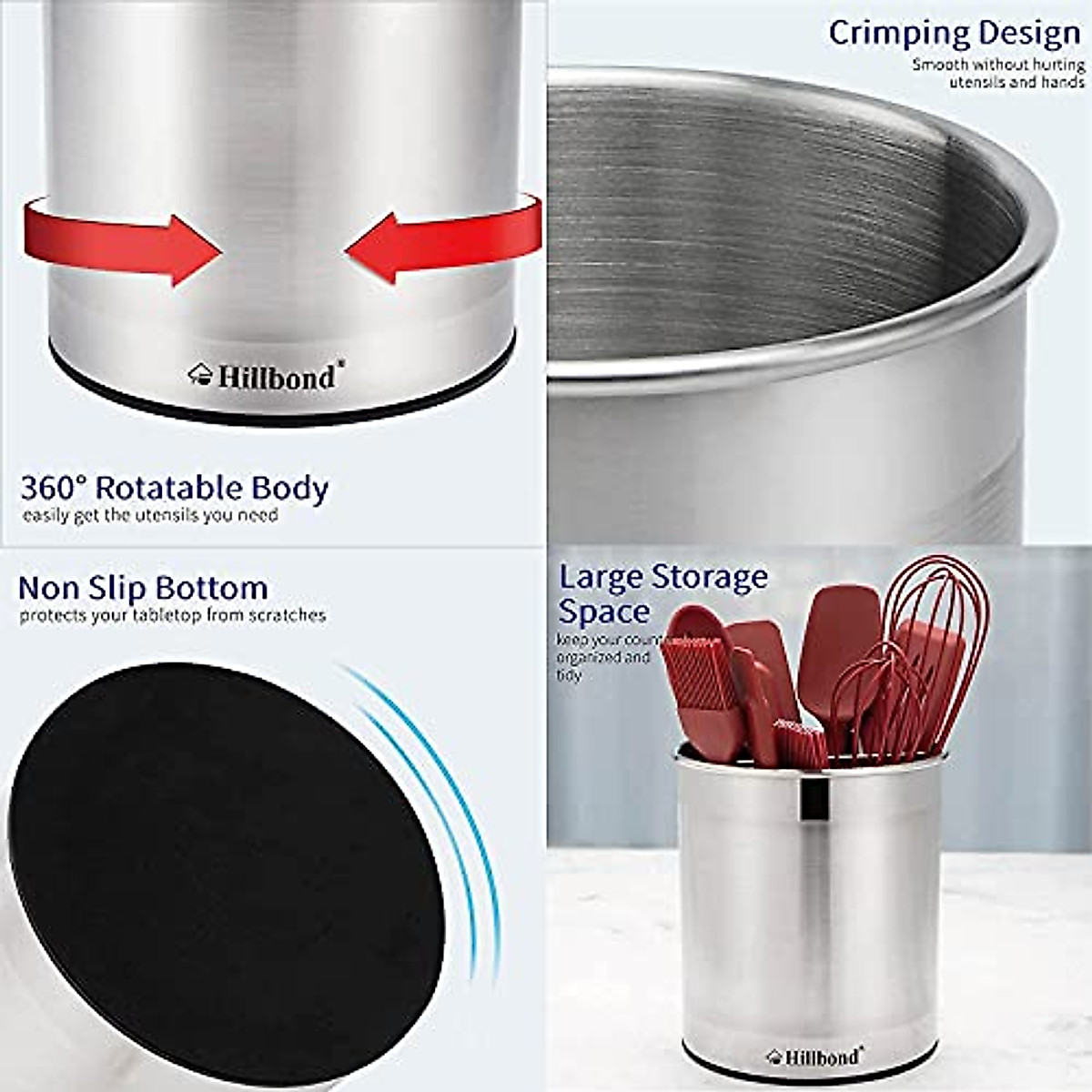 Hillbond Stainless Steel Utensil Holder with Removable Divider for Easy Clean, 360° Rotating Kitchen Utensil Crocks with Weighted Base for No Tipping Over, Utensil Caddy Organizer (EXTRA LARGE)