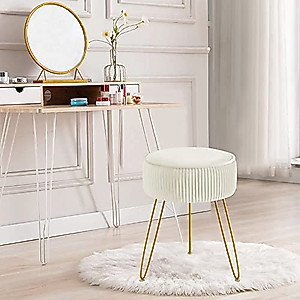GERANT Multifunctional Vanity Stool,Modern Vanity Stools for Makeup Room,Velvet Round Ottoman Footrest Stool with Metal Legs, Upholstered Pleated Vanity Chair Stool for Living Room,Office(Beige)