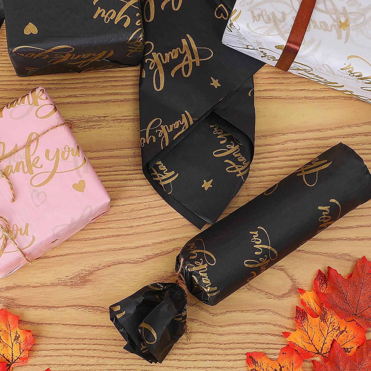 100 Sheet Thankyou Gift Wrapping Tissue Paper 14”x20” Recyclable Black with Metallic Gold Packaging Bag for Wedding Birthday Showers Art Craft Party Favor Decoration