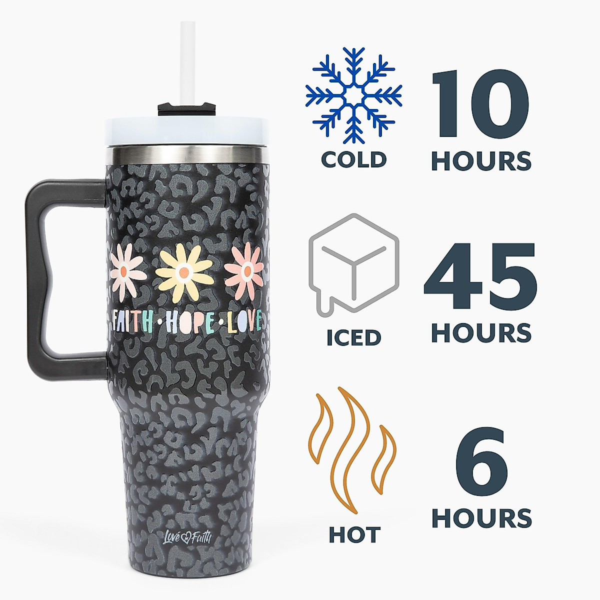 Love in Faith | Stainless Steel 40oz Tumbler with Handle | Vacuum Insulated | Faith-Based Christian Gifts | Faith Hope Love Black Leopard