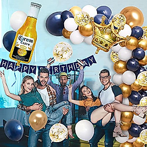 Navy Blue Gold Birthday Party Decorations for Men Women Boys Girls with HAPPY BIRTHDAY Banner, Crown balloons,Corona Foil Balloons,Balloon Garland Kit