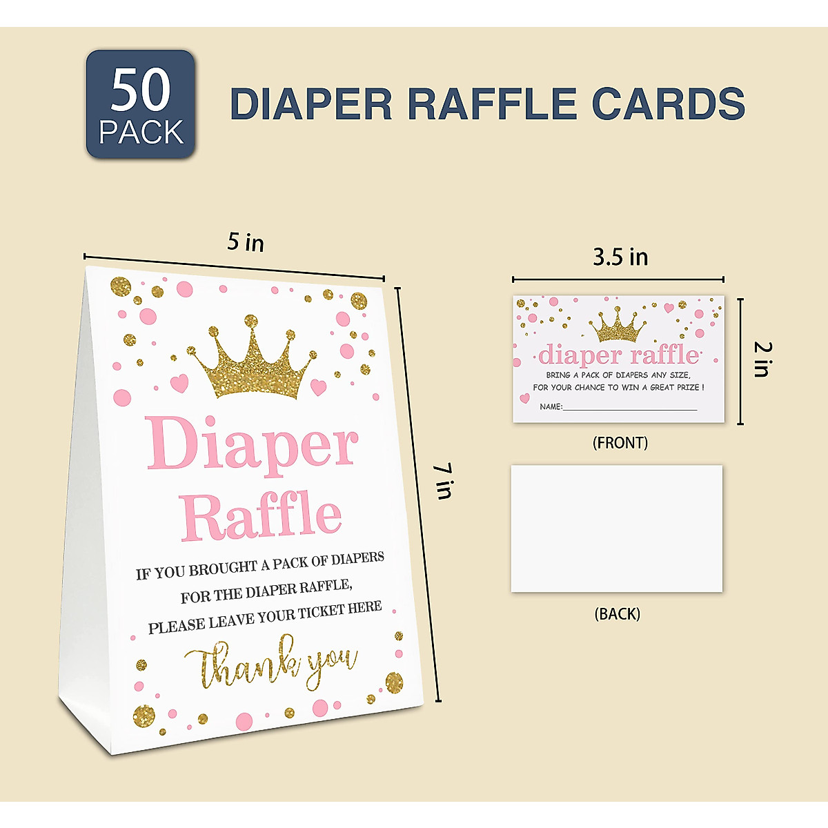 Yuansail Diaper Raffle Tickets For Baby Shower, Crown pink Themed Cards,Party Favors For Baby Showers Game Cards, 1 Sign & 50 Cards Per Pack – (019-niaobu)