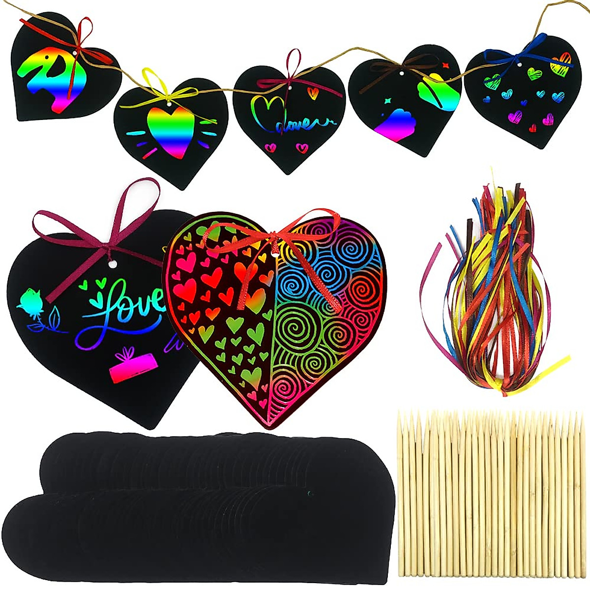 Valentines Day Scratch Paper 96 Pieces Art Rainbow Heart-shaped Scratch Craft Art with Wooden Styluses and Ribbons for Kids Decorative Arts and Crafts Valentine's Day Wedding