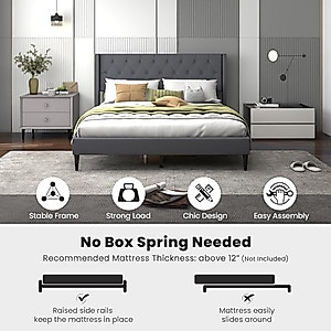 GORELAX Upholstered Queen Bed Frame, Mattress Foundation w/Button Tufted Headboard, Wood Slat Support No Box Spring Needed, Easy Assembly, Low Platform Bed Frame (Grey, Queen)
