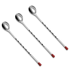 (Set of 3) 11-Inch Stainless Steel Bar Spoon with Red Knob, Long Handle Twisted Mixing Spoon