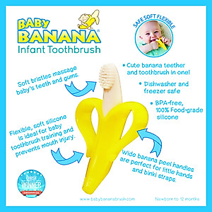 Baby Banana Yellow Banana Infant Toothbrush, Easy to Hold, Made in the USA, Train Infants Babies and Toddlers for Oral Hygiene, Teether Effect for Sore Gums, 4.33" x 0.39" x 7.87"