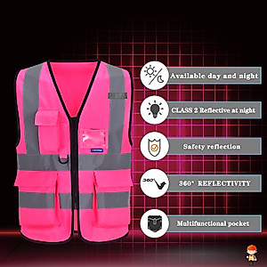 A-SAFETY Pink High Visibility Vest,Reflective Safety Vest Workwear 7 Pockets Hi Vis Durable Vest with Reflective Tapes 4 Lower Pockets,Small
