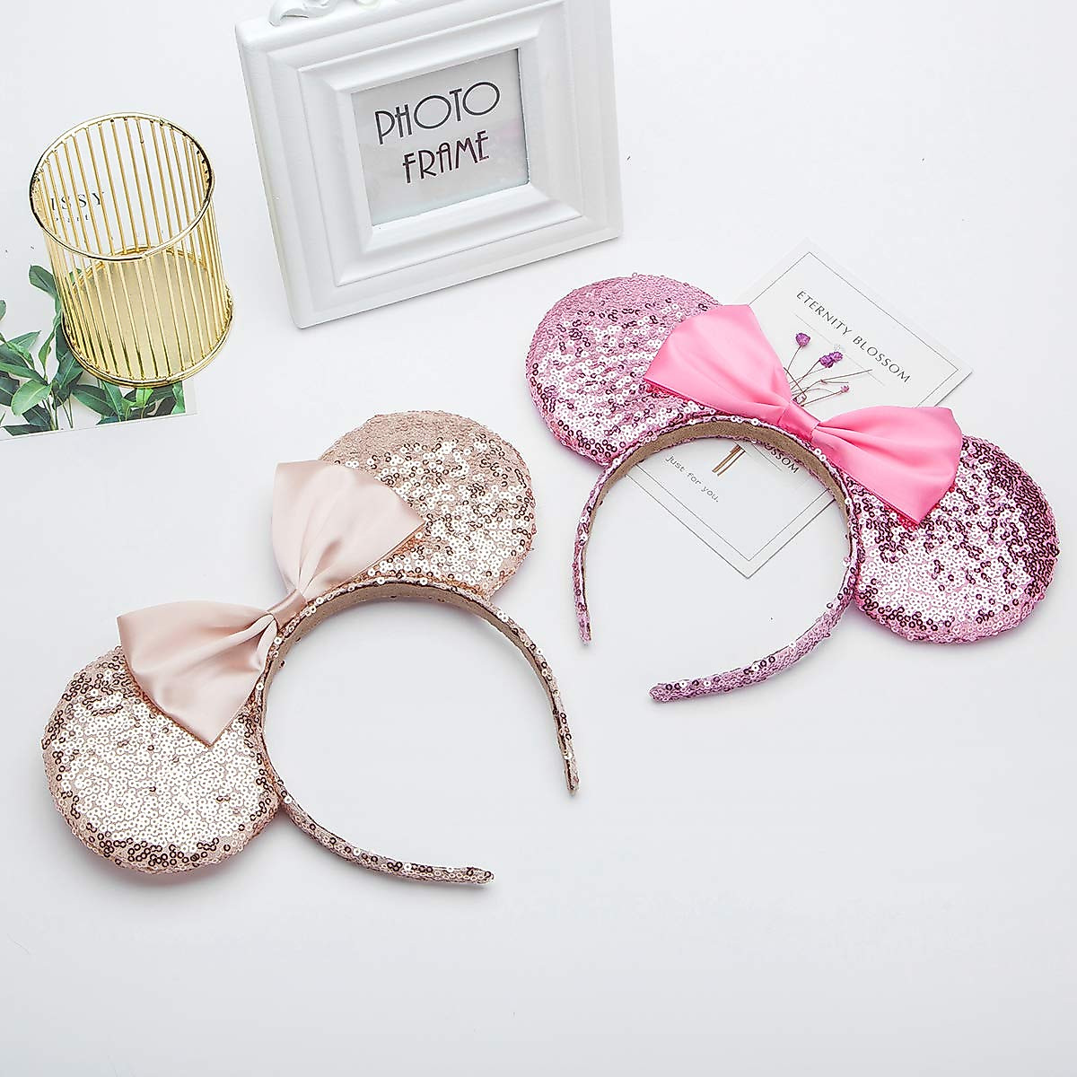 Seamoy Mouse Ears headband,2pcs Sequin Halloween Minnie Ears Headband Glitter Hairband for Princess Party Cosplay Costume Headwear Minnie&Mickey Themed Party Decorations (Gold&Pink)