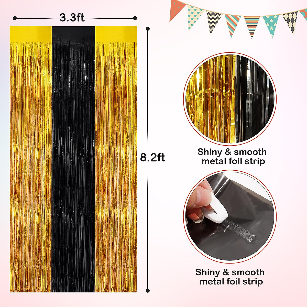 Black Gold Metallic Tinsel Foil Fringe Curtains, 2 Pack 3.3x8.3 Feet Party Streamer for Birthday Party Decorations, Halloween Decor, Foil Curtain Backdrop for Bachelorette Party