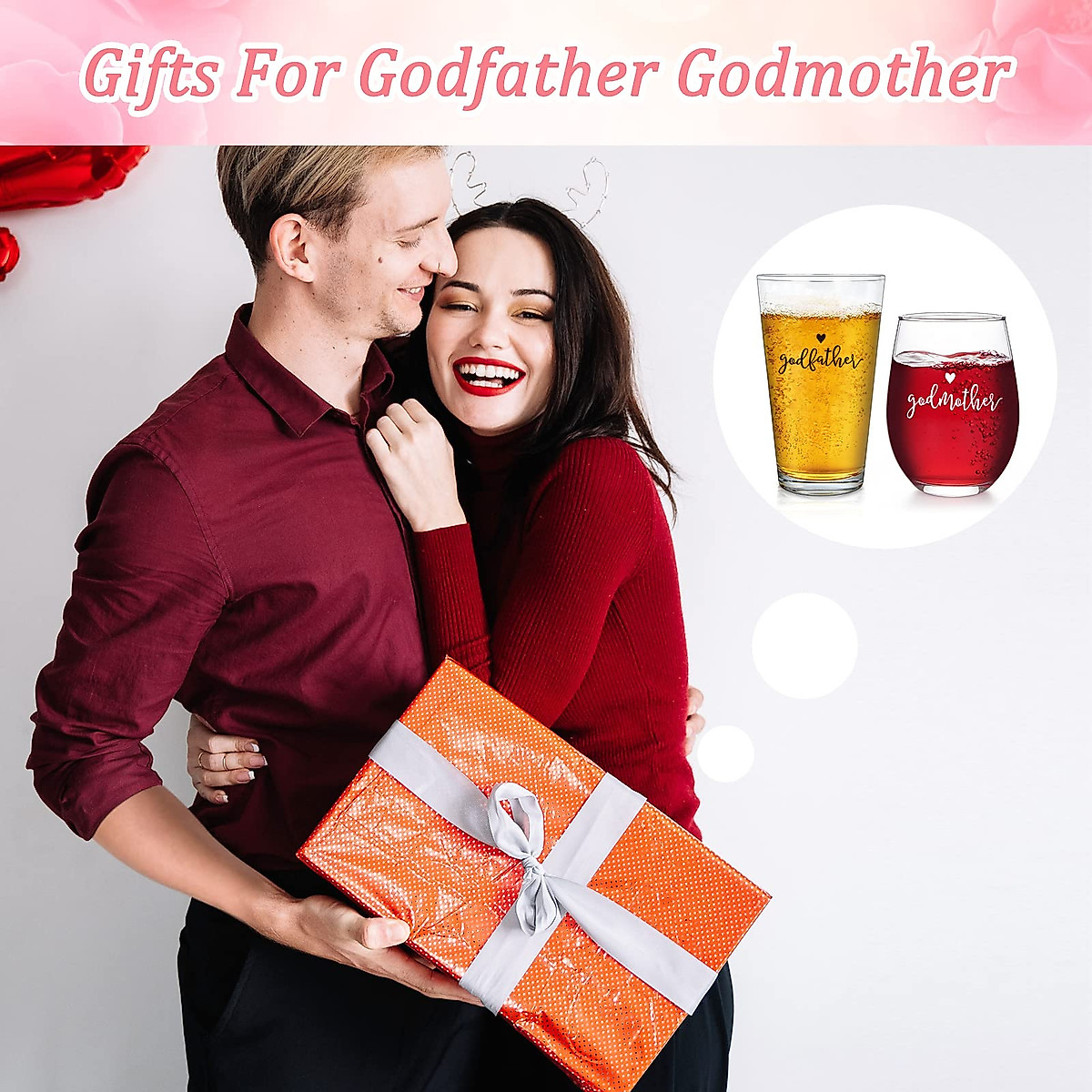 DAZLUTE Godparents Proposal Gift, Godfather Beer Glass Godmother Stemless Wine Glass for Godmother Godfather Mothers Day Fathers Day Christmas Birthday, Baptism Gift for Godparents from Godchild, 17oz