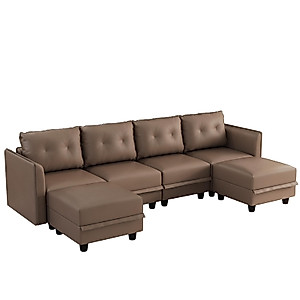 LLappuil Modular Sectional Sofa, Convertible U Shaped Couch with Storage, Faux Leather Fabric Waterproof Sectional Couch for Living Room, 111.8" Width, 6 Seat Modular Sofa, Cognac Brown