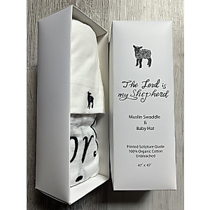 The Lord is my Shepherd (Psalm 23) Muslin Swaddle & Bonus Baby Hat with Scripture Quote - 100% Organic Unbleached Cotton - Swaddle/Blanket - Unique Shower & Baptism Gift
