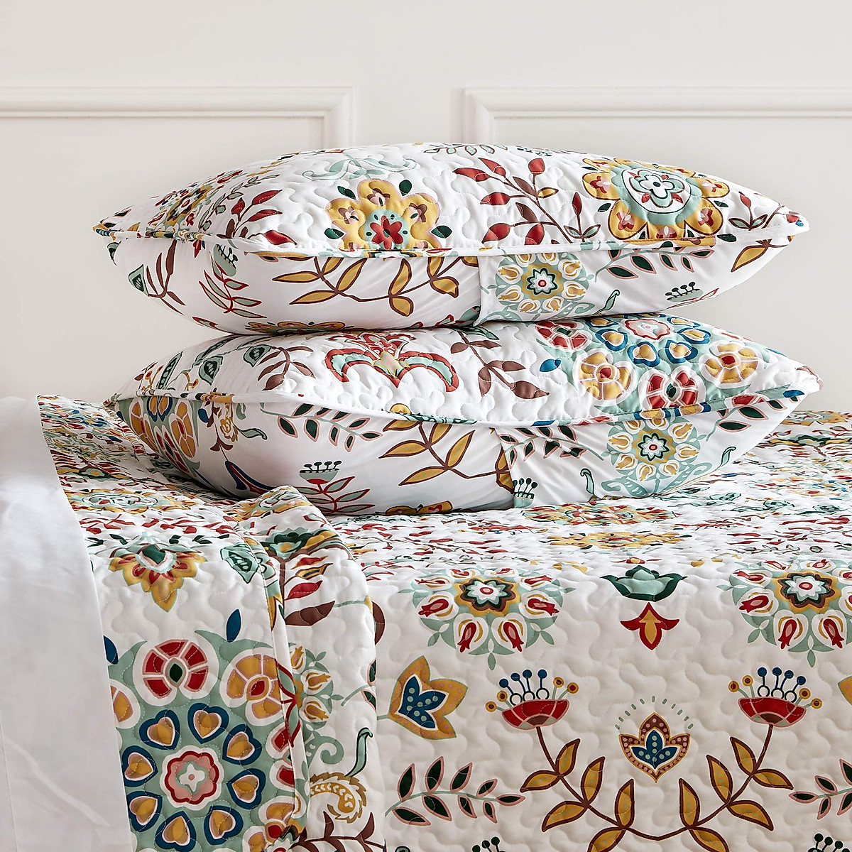 SLEEP ZONE 3-Piece Printed Quilt Set - Full/Queen Size - Lightweight Reversible Bedding Coverlet Set for All Season (Classic Floral Pattern), Full/Queen (90x96 inch | 2 Pillow Shams)