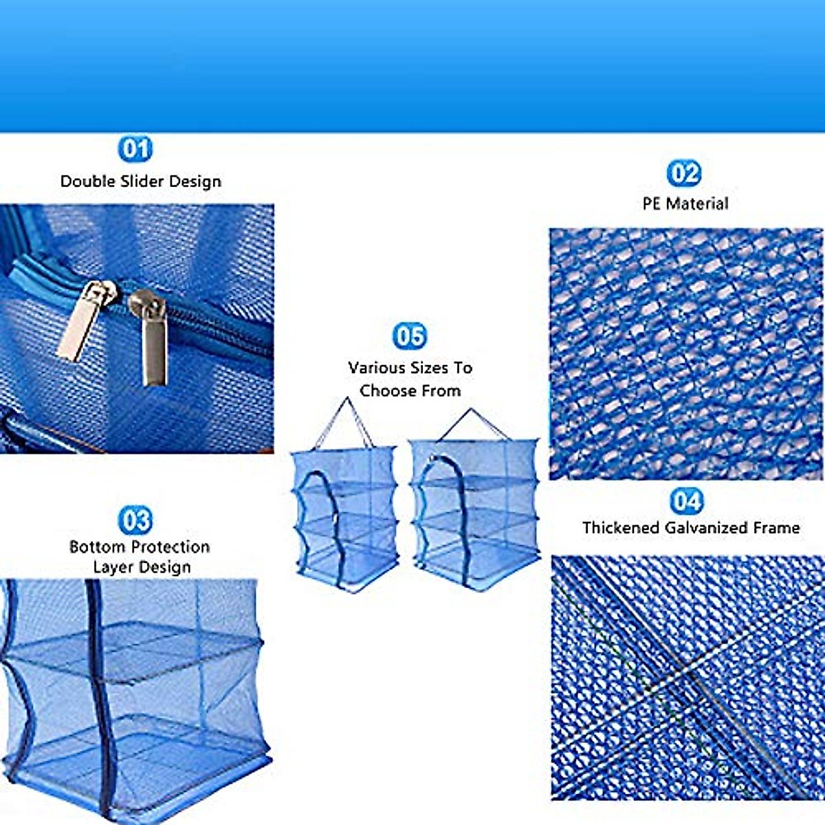 MAHDETP 2.2ft 3 Layer Non-Toxic Nylon Netting Foldable Drying Rack for Fish Vegetables Fruit Herb Practical Hanging Net Dry Cage（15.7 x15.7 x25.6inch）
