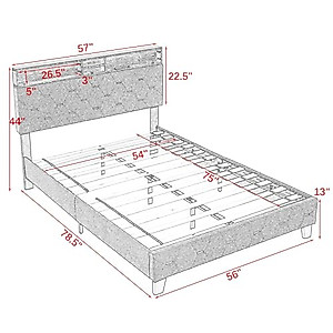 CuisinSmart Queen Size Bed Frame with Headboard,Storage & USB Ports & Outlets,No Box Spring Needed,78.5" x 57",Grey Bed Frame Furniture for Bedroom,Farmhouse,Hotel